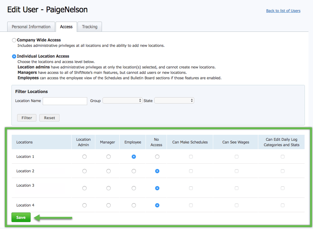 Changing user access permissions