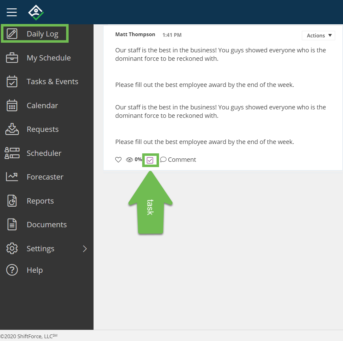 ShiftForce Help Note to Task